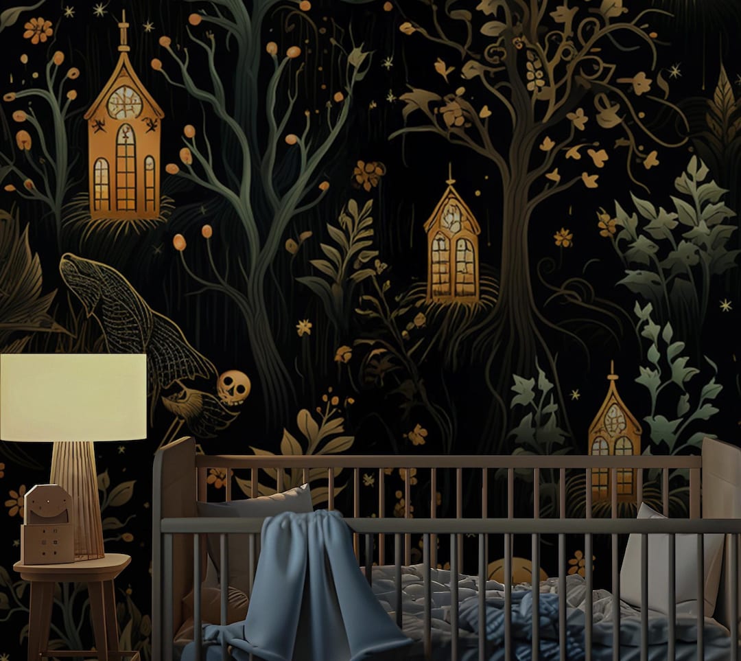 Gothic Haunted Forest Wallpaper, Dark Vintage Halloween Mural, Spooky ...