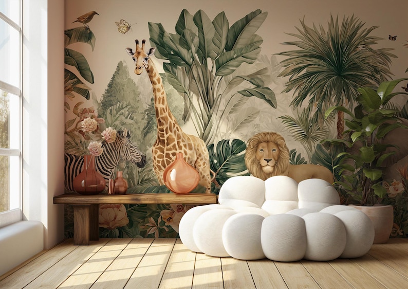 Jungle Safari Wall Mural: Tropical Animals Peel and Stick Wallpaper - Etsy