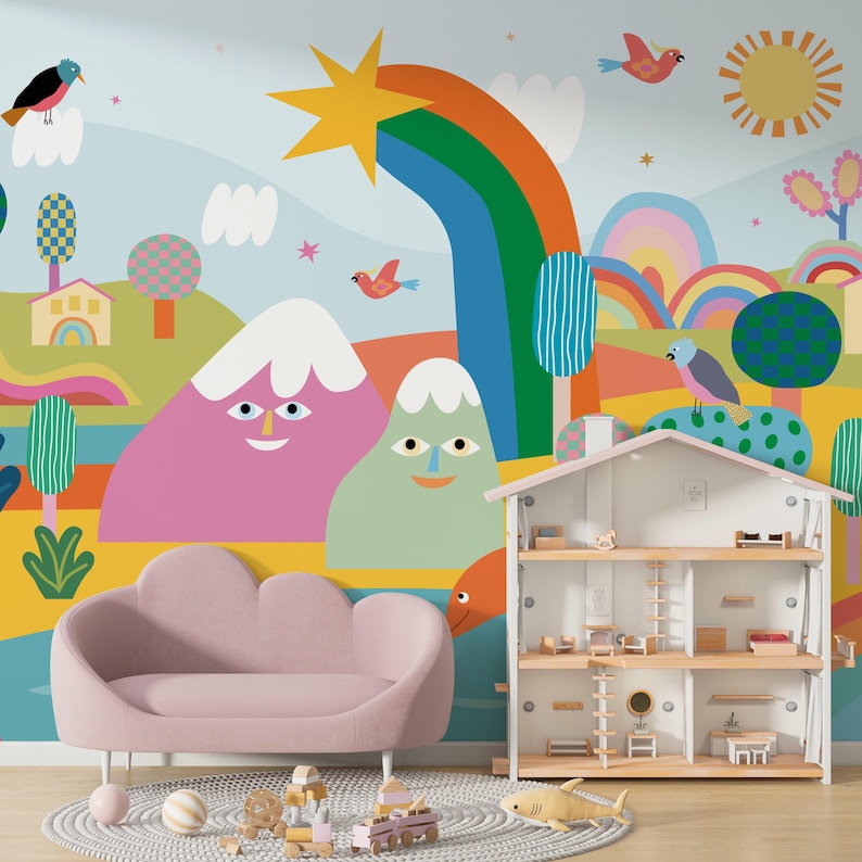 Colorful Rainbow Landscape Kids Room Wallpaper Mural - Etsy