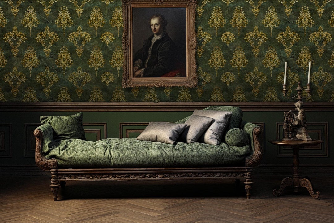 Luxury Green Damask Wallpaper: Victorian Baroque Wall Mural - Etsy