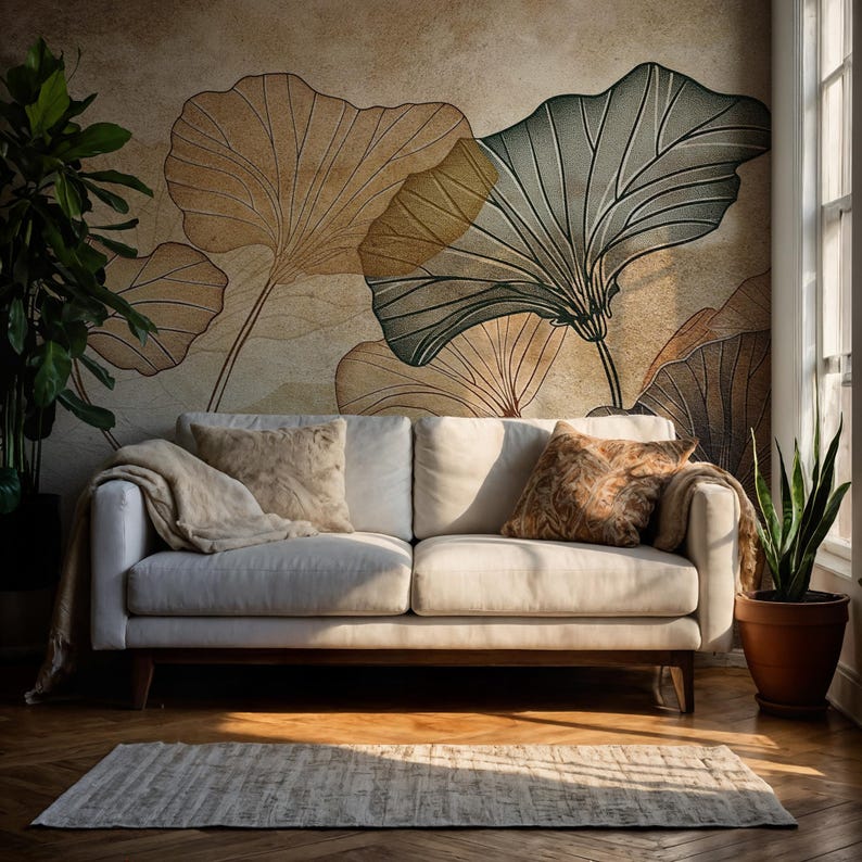 Ginkgo Leaf Wallpaper: Beige Japanese Wall Mural, Peel and Stick - Etsy