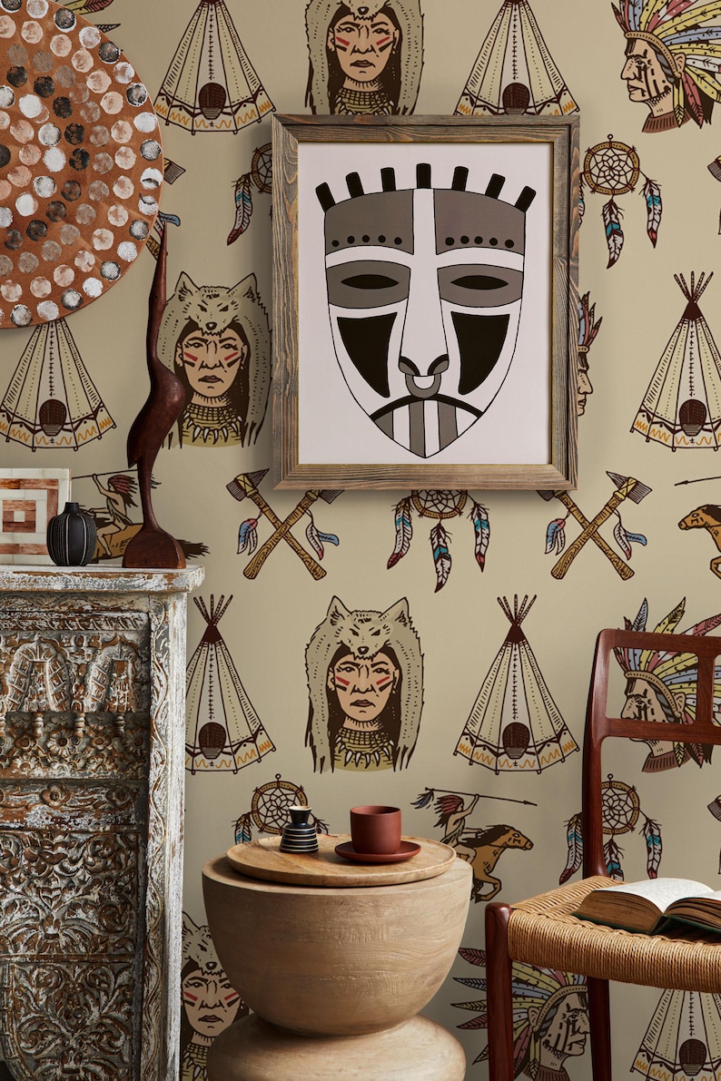 Native American Themed Wallpaper, Vintage Western Decorative Wall Mural ...