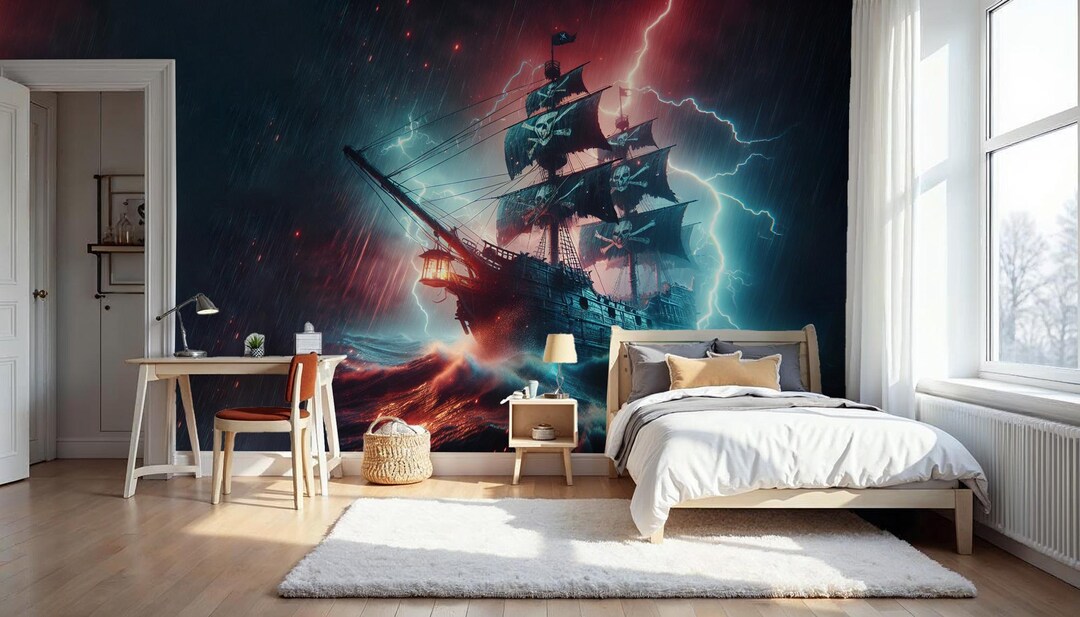 Pirate Ship Wall Mural, Stormy Ocean Wall, Dark Fantasy Decor, Skull ...