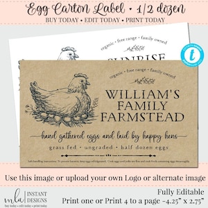 Egg Carton Label, Editable Egg Carton Label, DIY Farm Label, Half Dozen ...