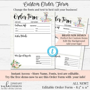 Custom Order Form, Editable Order Form, DIY Order Form, Full Page Order ...