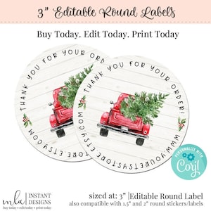 Editable Round Red Truck Label, DIY Christmas Label, Round Thank You ...