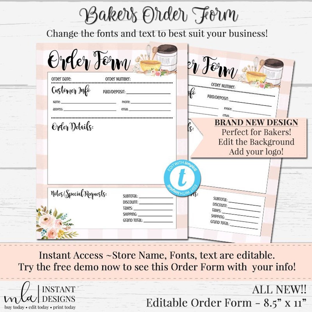 Bakers Order Form, Editable Order Form, DIY Order Form, Full Page Order ...