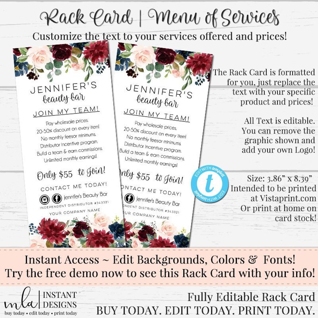 Editable Rack Card, DIY Rack Card, Customizable Rack Card, DIY Menu ...