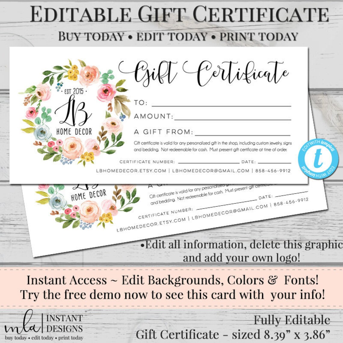 Editable Gift Certificate Template, DIY Gift Certificate, Store Voucher ...
