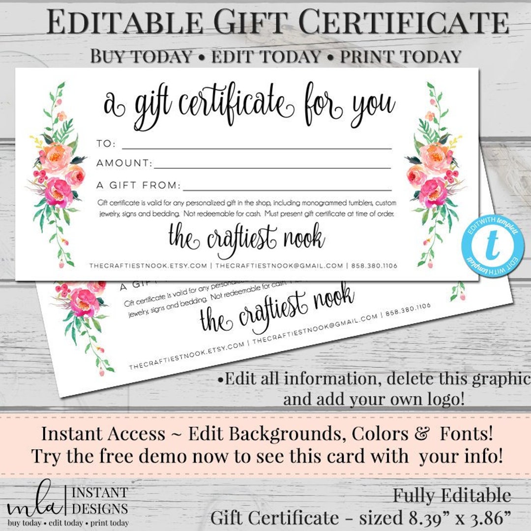 Editable Gift Certificate Template, DIY Gift Certificate, Store Voucher ...