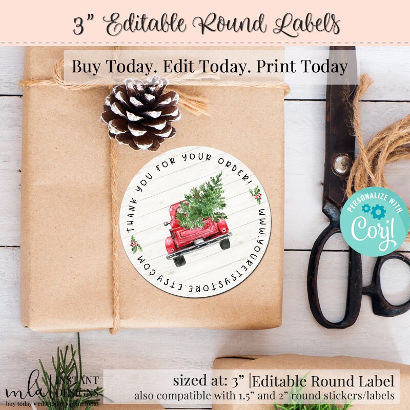 Editable Round Red Truck Label, DIY Christmas Label, Round Thank You ...