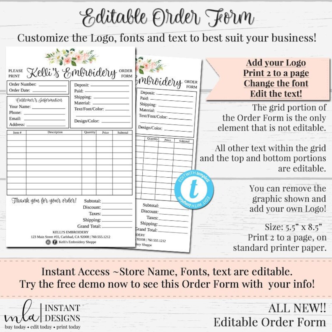 Order Form Editable Order Form DIY Order Form Half Page - Etsy