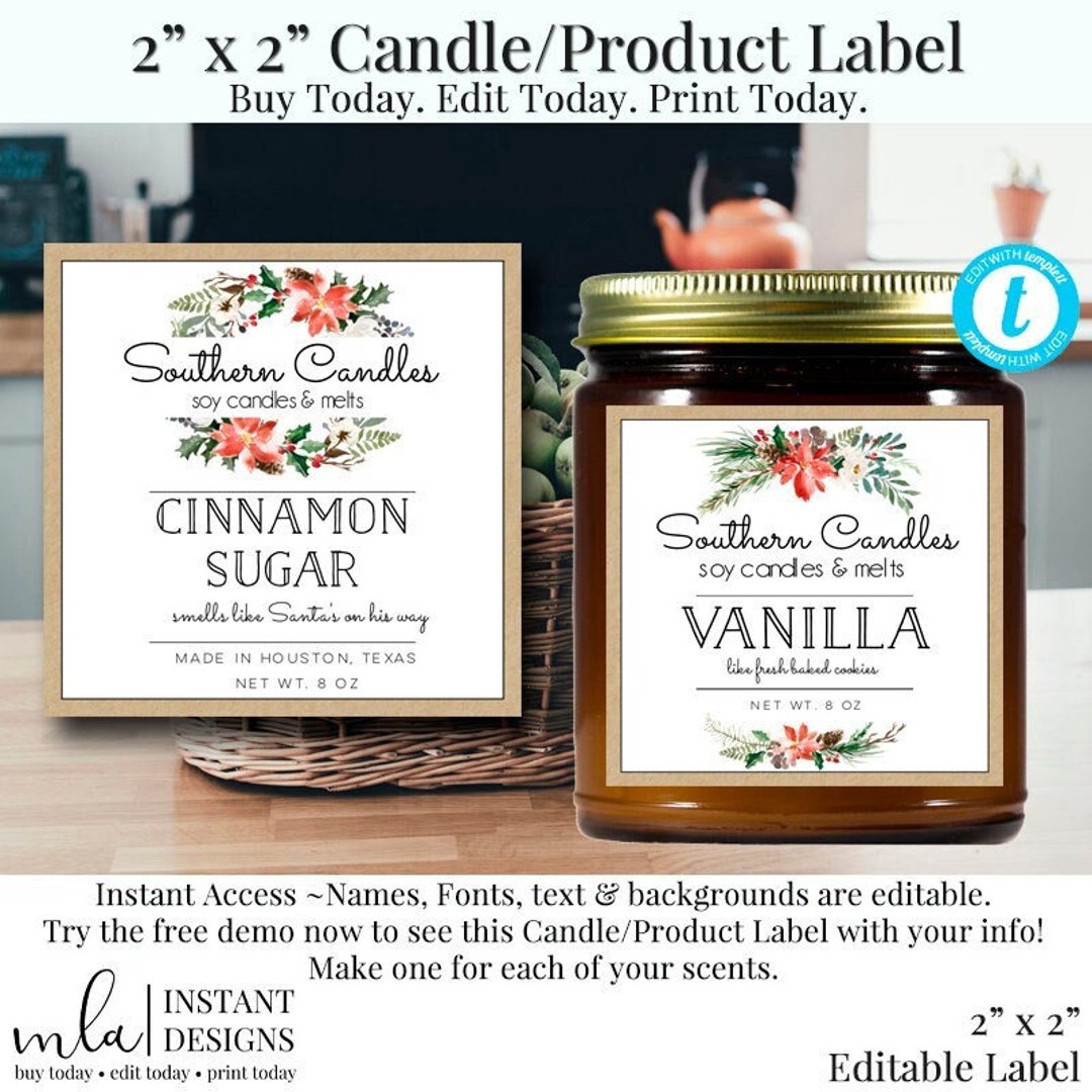 2 Inch Square Christmas Labels, Candle Labels, Product Label, Editable ...
