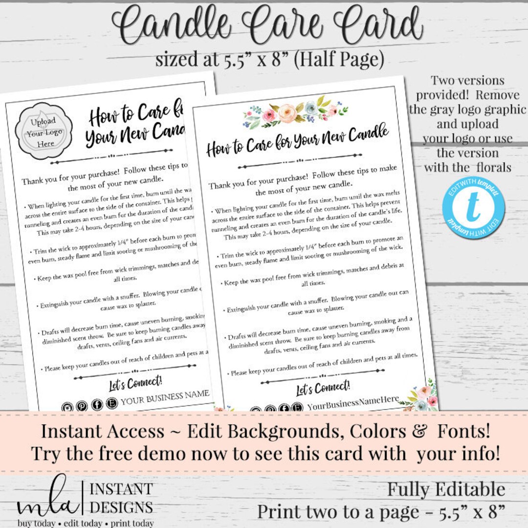 Candle Care Instructions, Candle Care Insert, DIY Care Card, Editable ...