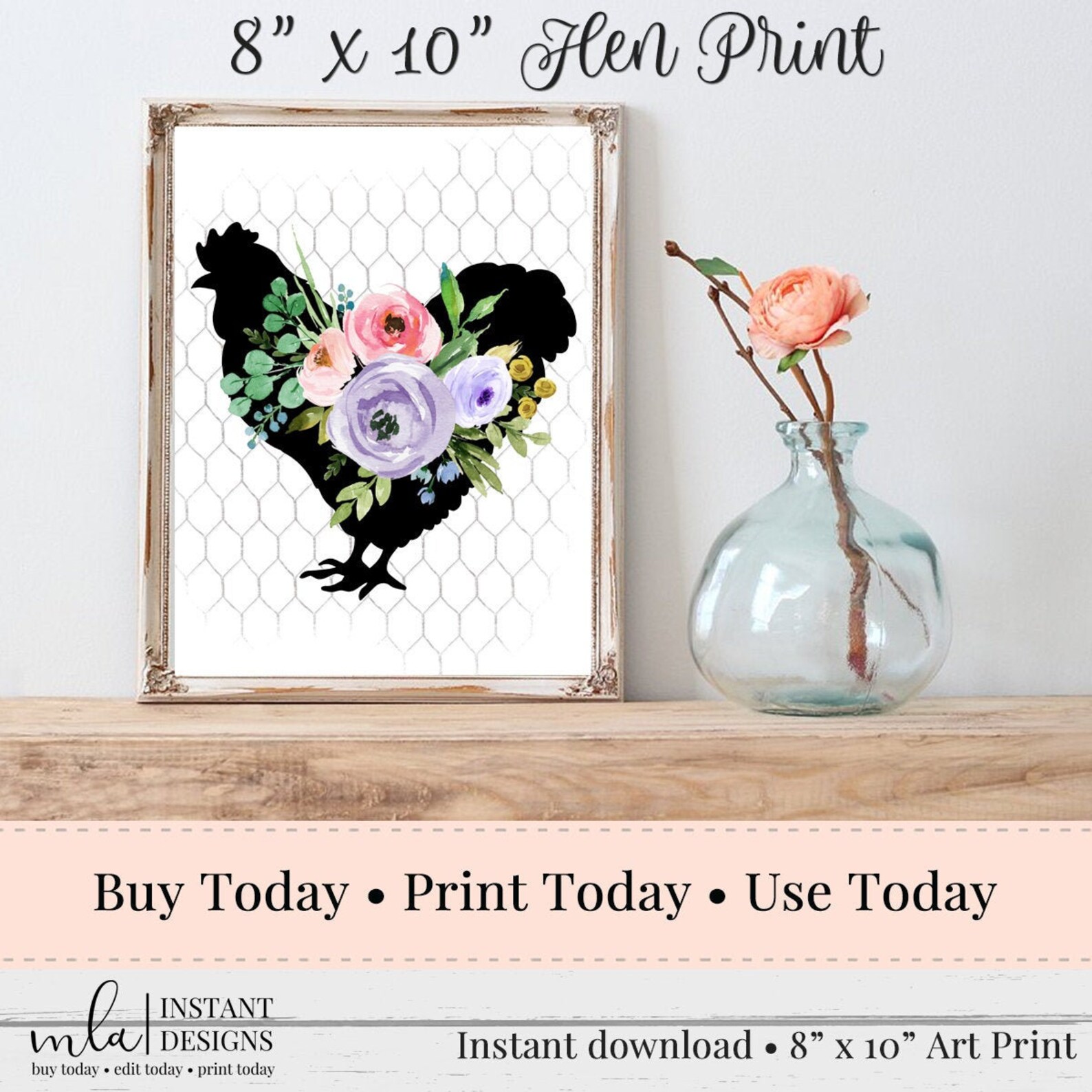 Floral Chicken Silhouette, Printable Art 8 X 10 - Instant Print, Poster ...