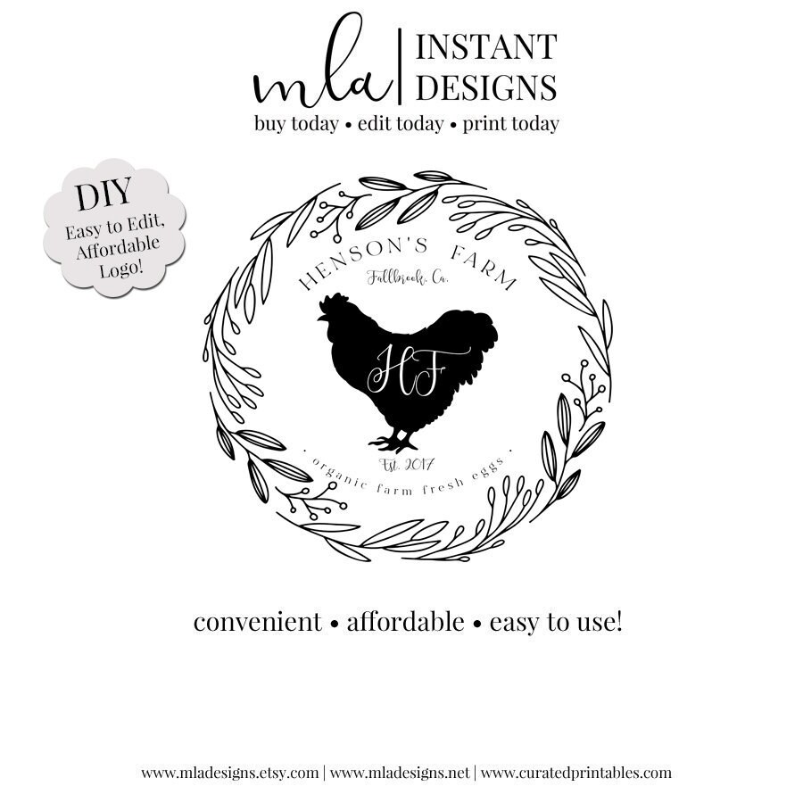 Editable Hen Logo Template DIY Chicken Logo Black White | Etsy