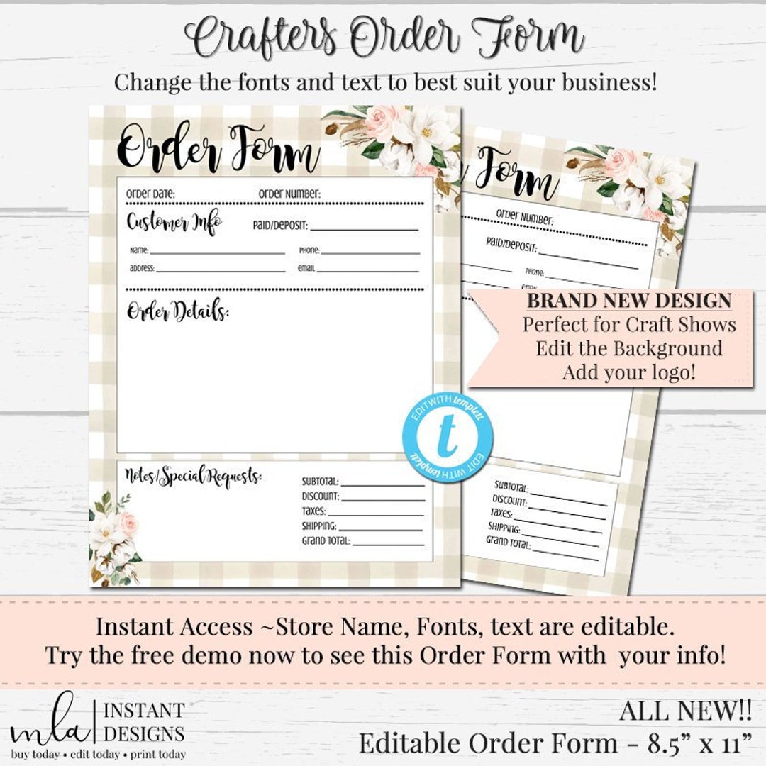 Crafter's Order Form, Editable Order Form, DIY Order Form, Full Page ...