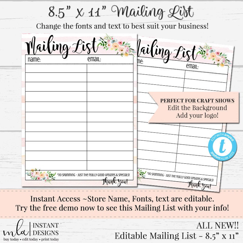 DIY Mailing List Editable Mailing List Form DIY Form Full | Etsy