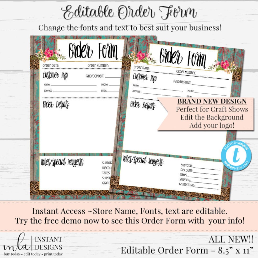 Custom Order Form, Editable Order Form, DIY Order Form, Full Page Order ...