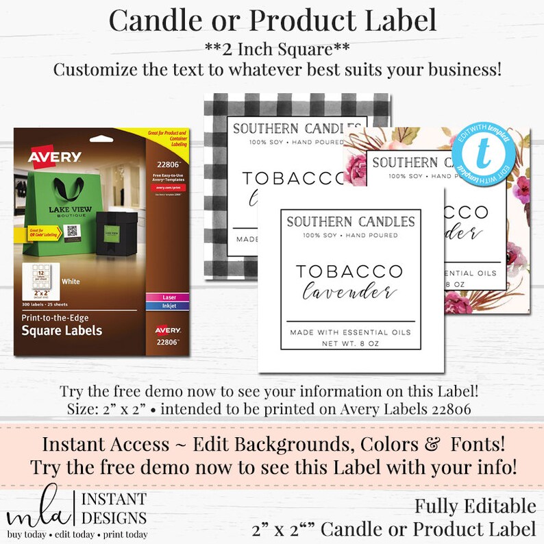 2 Inch Square Labels, Candle Labels, Product Labels, Editable Labels ...