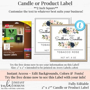 2 Inch Square Labels, Candle Labels, Product Labels, Editable Labels ...