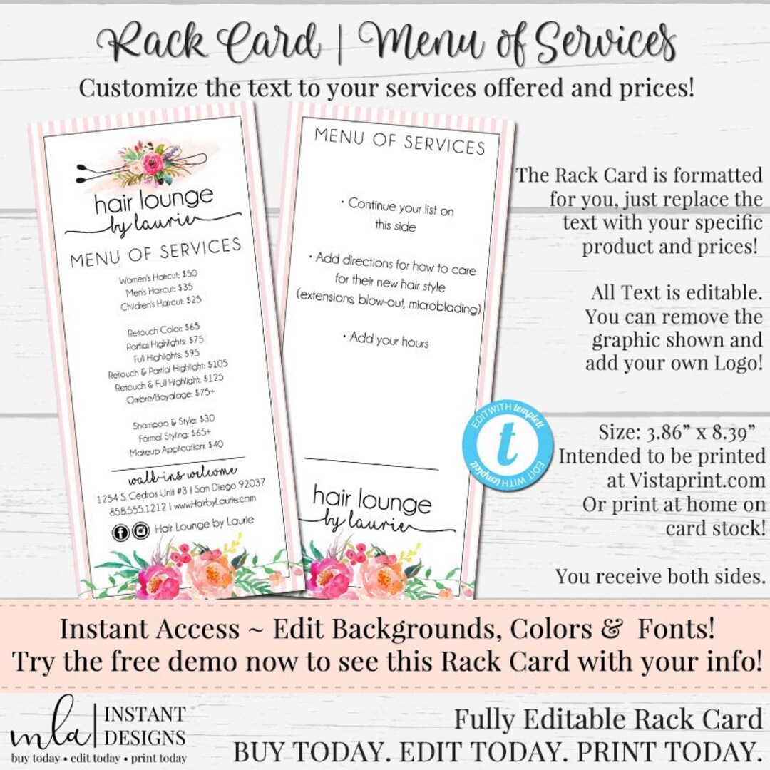 Editable Rack Card, DIY Rack Card, Customizable Rack Card, DIY Menu ...