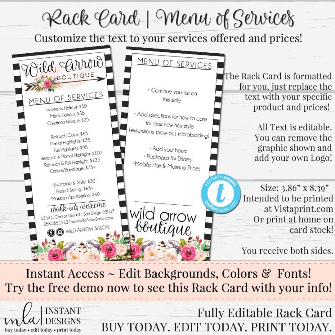 Editable Rack Card, DIY Rack Card, Customizable Rack Card, DIY Menu ...