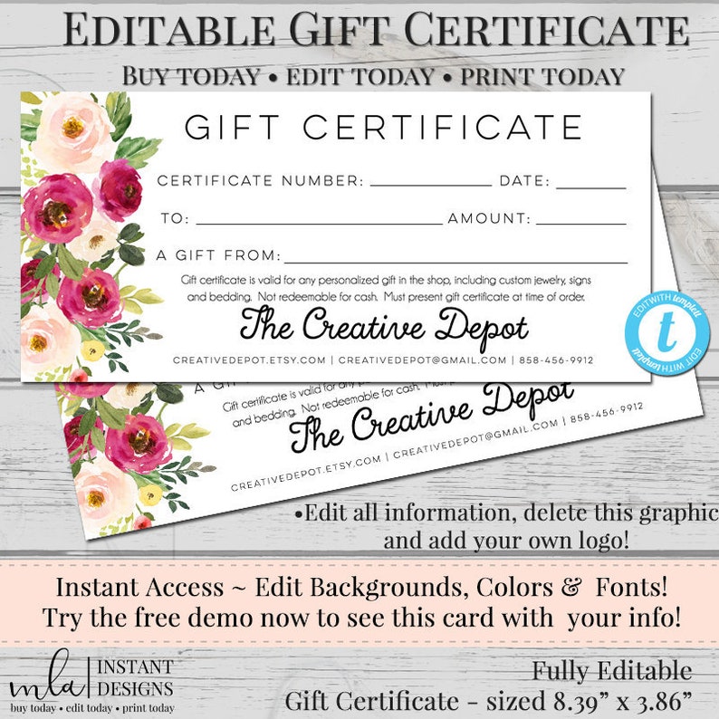 Editable Gift Certificate Template DIY Gift Certificate | Etsy