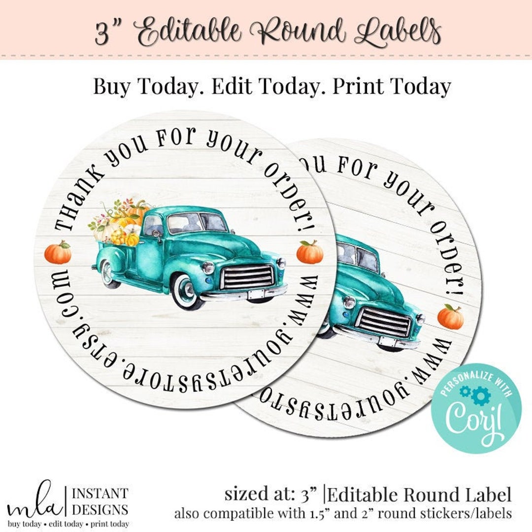 Editable Round Teal Truck Label, DIY Fall Label, Round Thank You Label ...