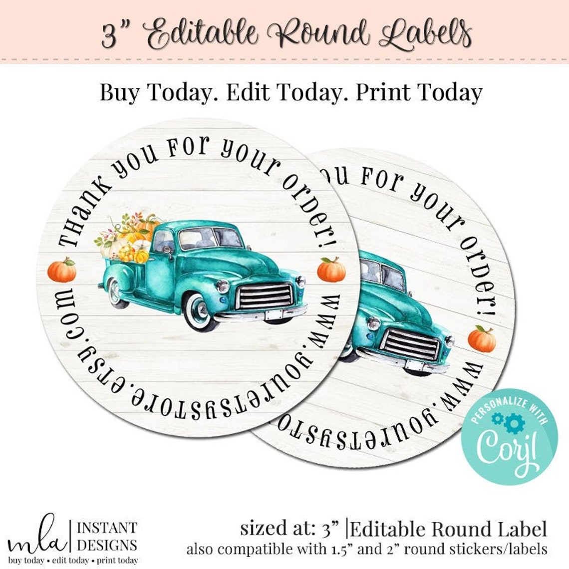 Editable Round Teal Truck Label DIY Fall Label Round Thank - Etsy