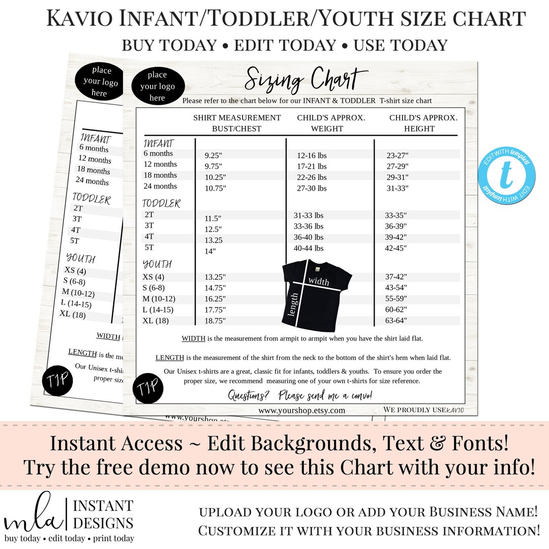 Kavio Size Chart, Editable Size Chart, DIY Chart, Instant Download ...