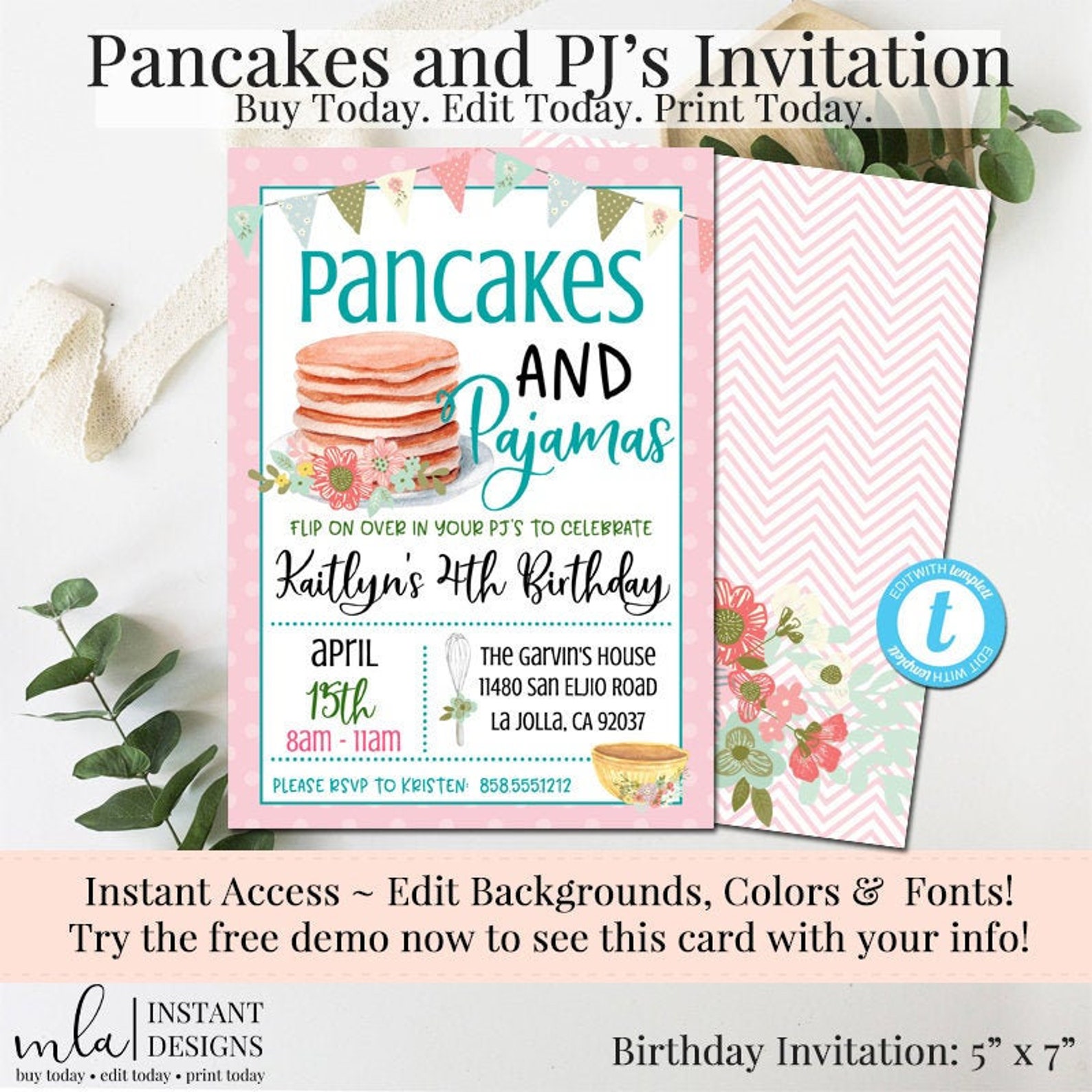 Pancake Birthday Invitation Printable Invite DIY Birthday | Etsy