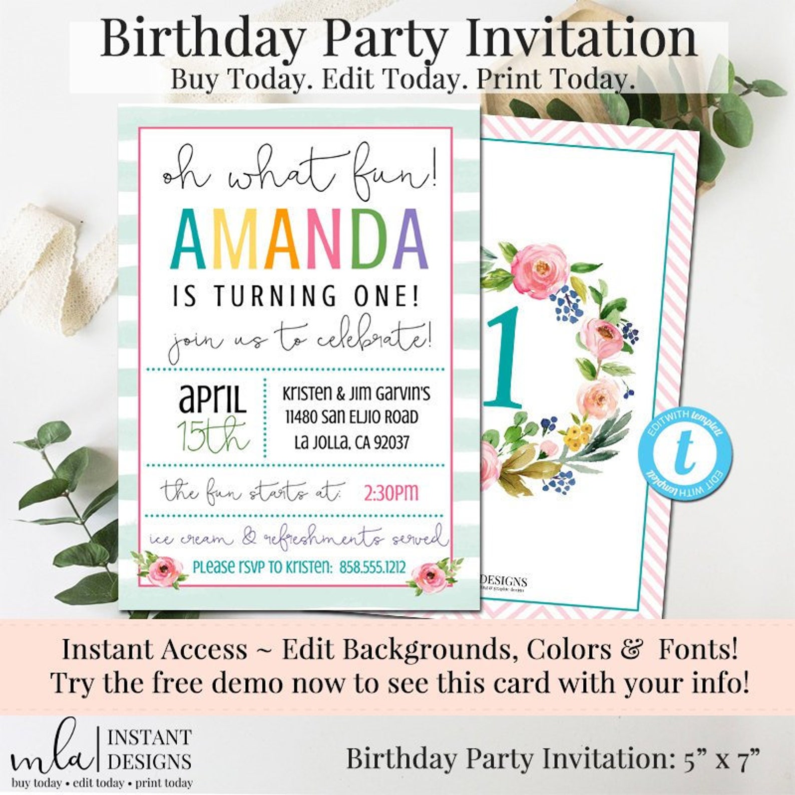 1 Year Old Invitation Printable Invite DIY Birthday | Etsy
