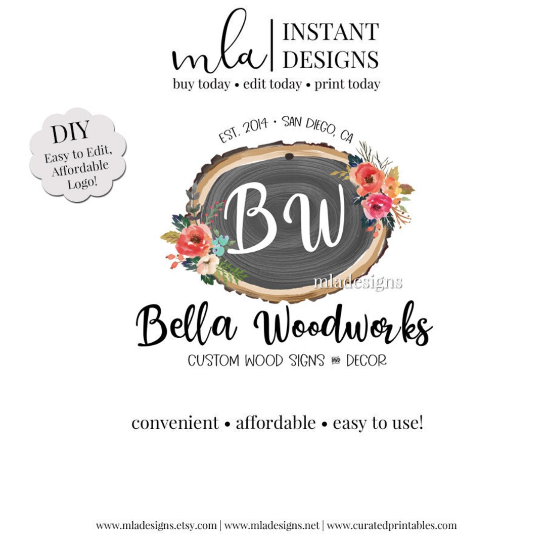 DIY Wood Slice Logo - Editable Wood Logo, Boutique Logo, Rustic Logo ...