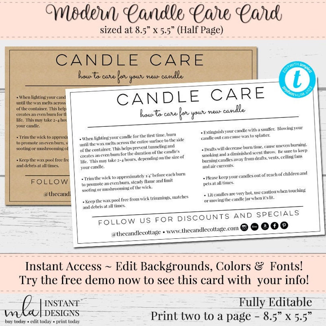 Candle Care Instructions, Candle Care Insert, DIY Care Card, Editable ...