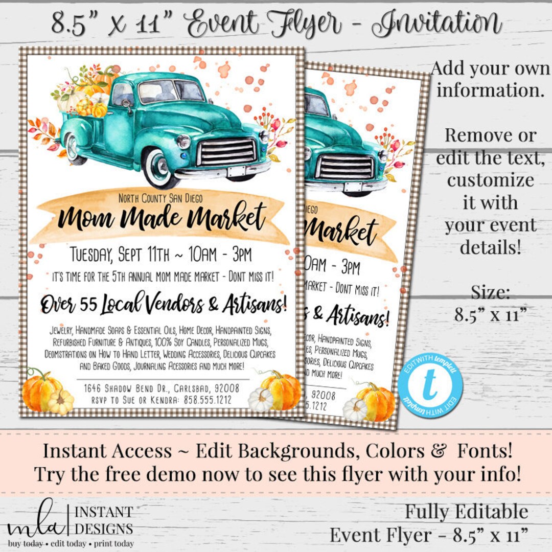 DIY Fall Vendor Flyer, Market Flyer, Mobile Market Flyer, Editable ...