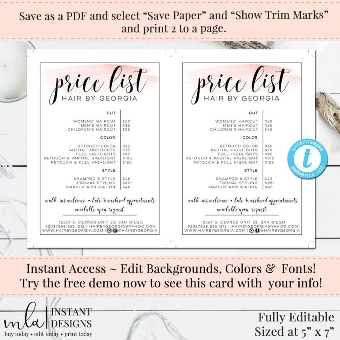 Editable Price List DIY Price List Customizable Price List - Etsy