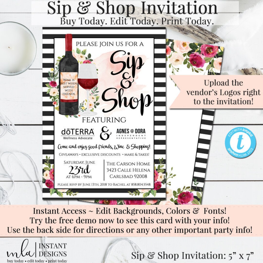 Wine Party Invitation, Printable Invite, DIY Sip and Shop Invitation ...