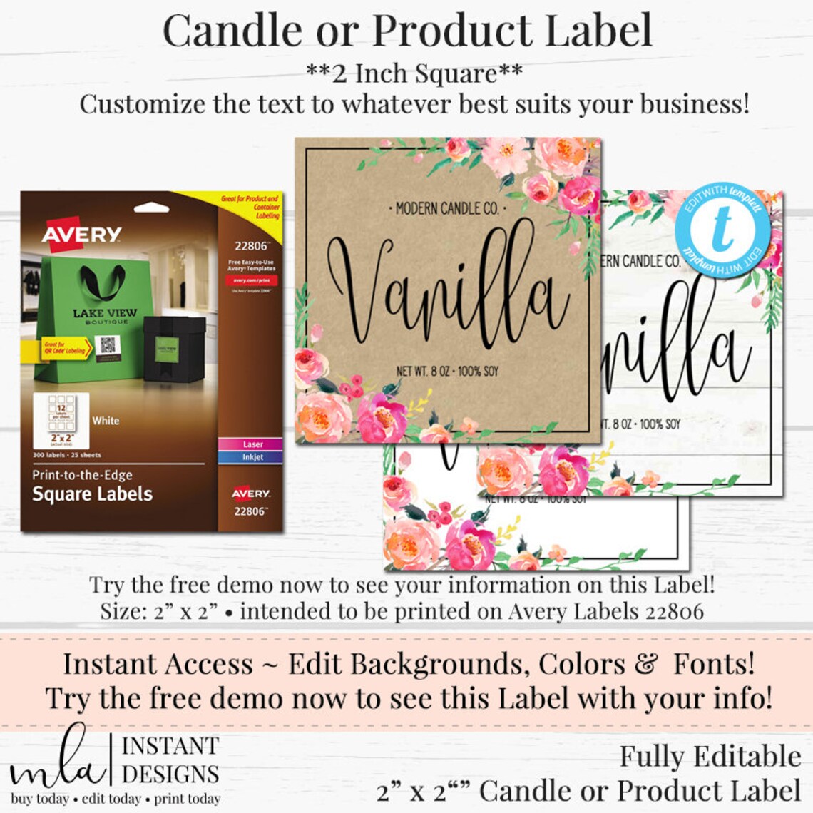 2 Inch Square Labels, Candle Labels, Product Labels, Editable Labels ...