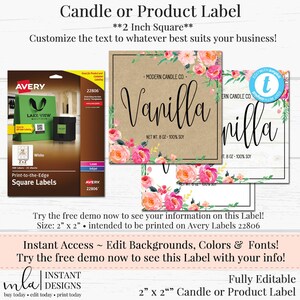 2 Inch Square Labels, Candle Labels, Product Labels, Editable Labels ...