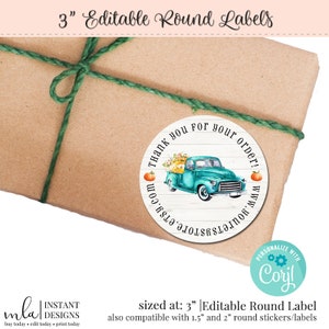 Editable Round Teal Truck Label, DIY Fall Label, Round Thank You Label ...