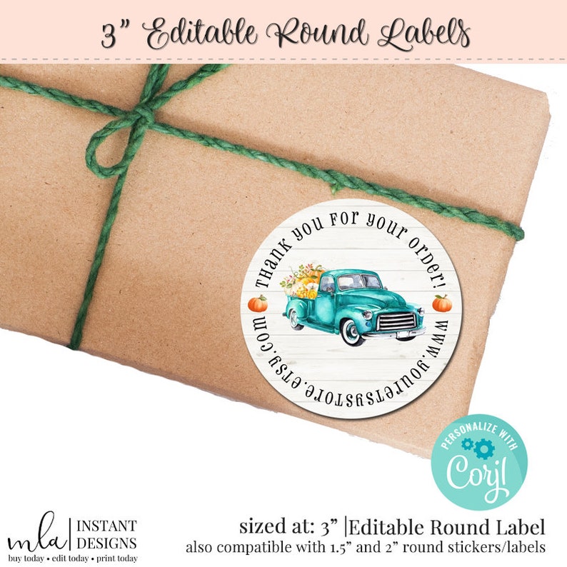 Editable Round Teal Truck Label DIY Fall Label Round Thank - Etsy