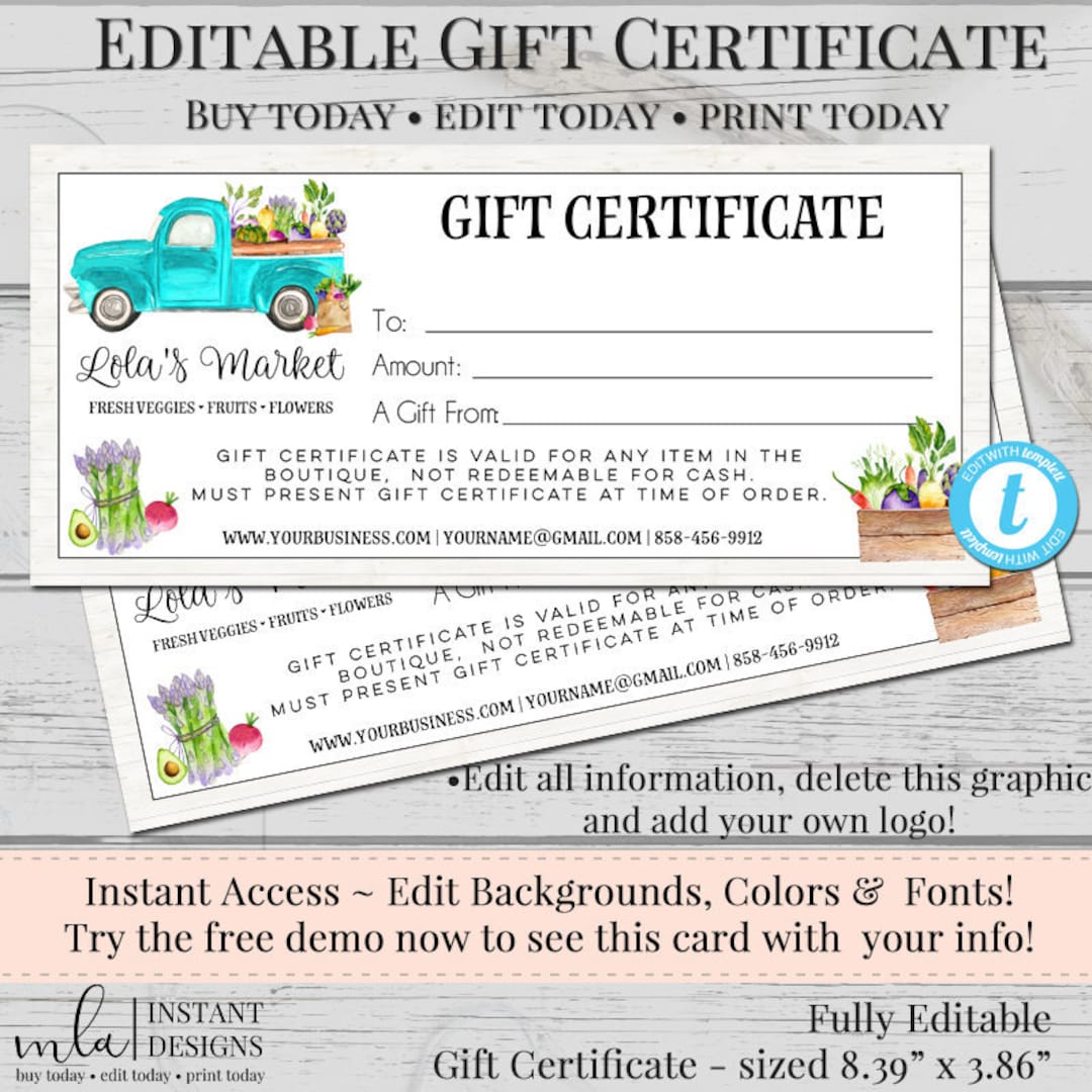 Editable Gift Certificate Template, DIY Gift Certificate, Store Voucher ...