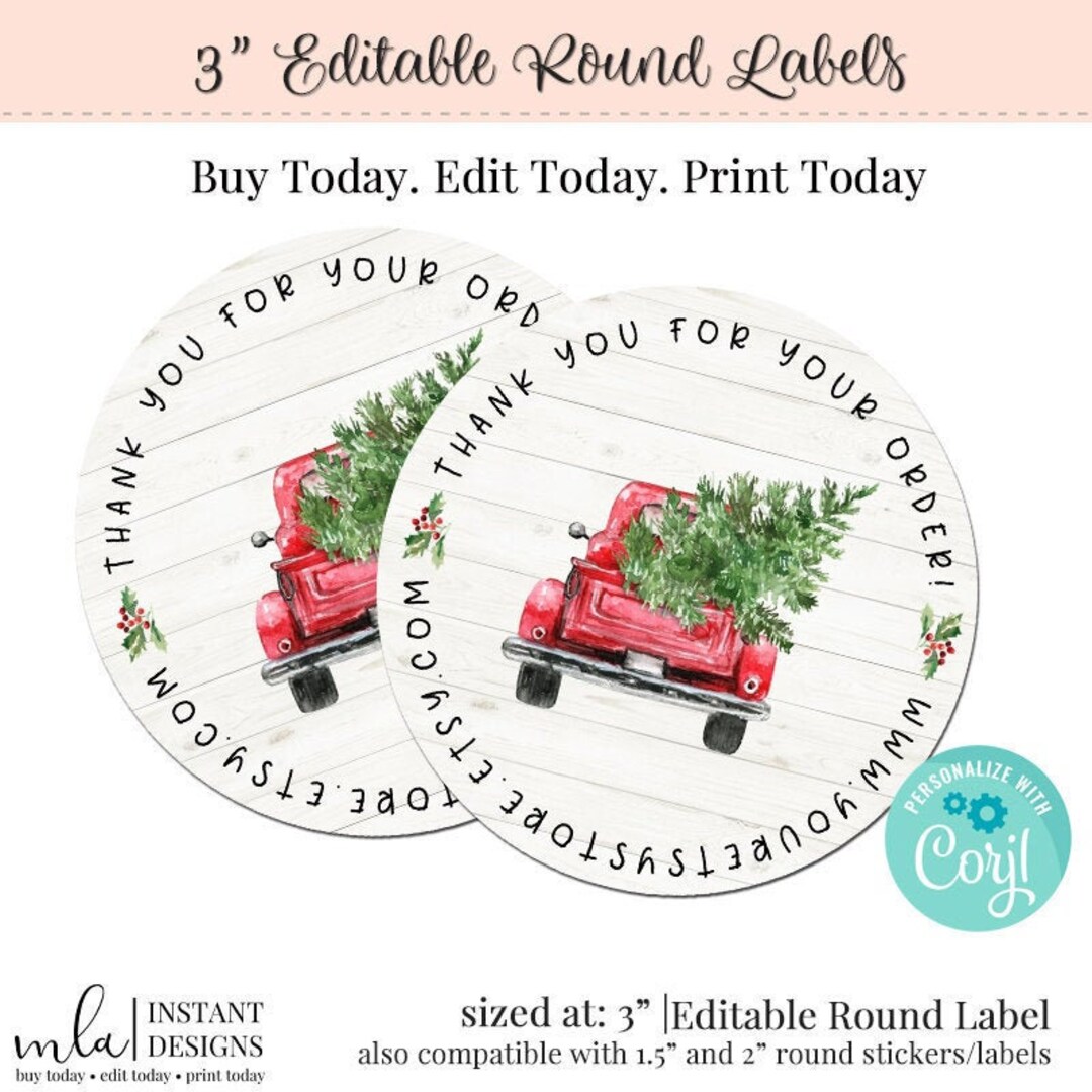 Editable Round Red Truck Label, DIY Christmas Label, Round Thank You ...