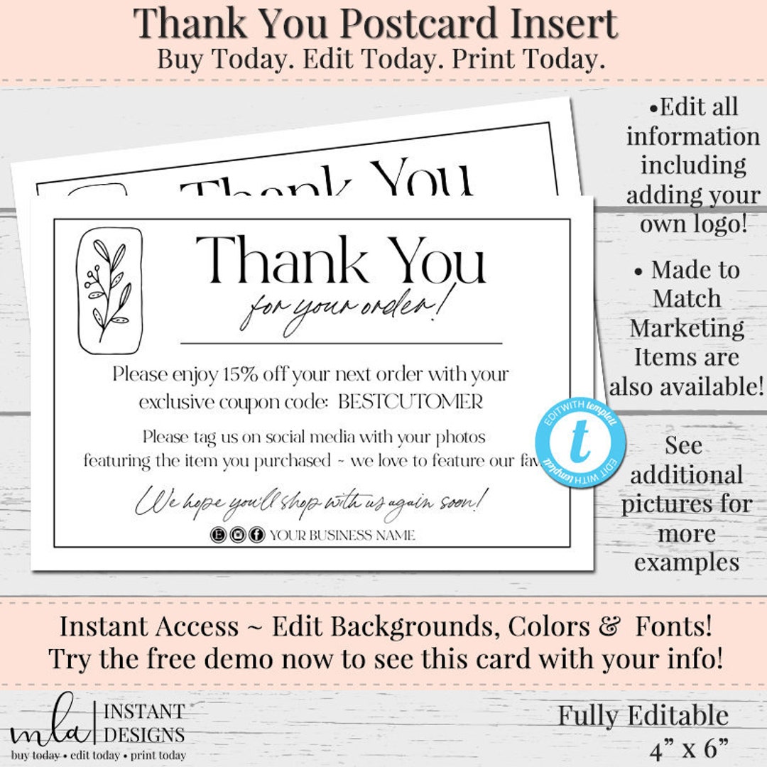 Editable 4 X 6 Postcard, DIY Insert, Customizable Thank You Insert, DIY ...