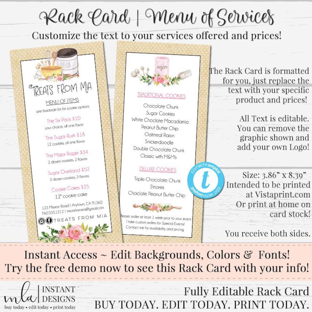 Editable Rack Card, DIY Rack Card, Customizable Rack Card, DIY Menu ...