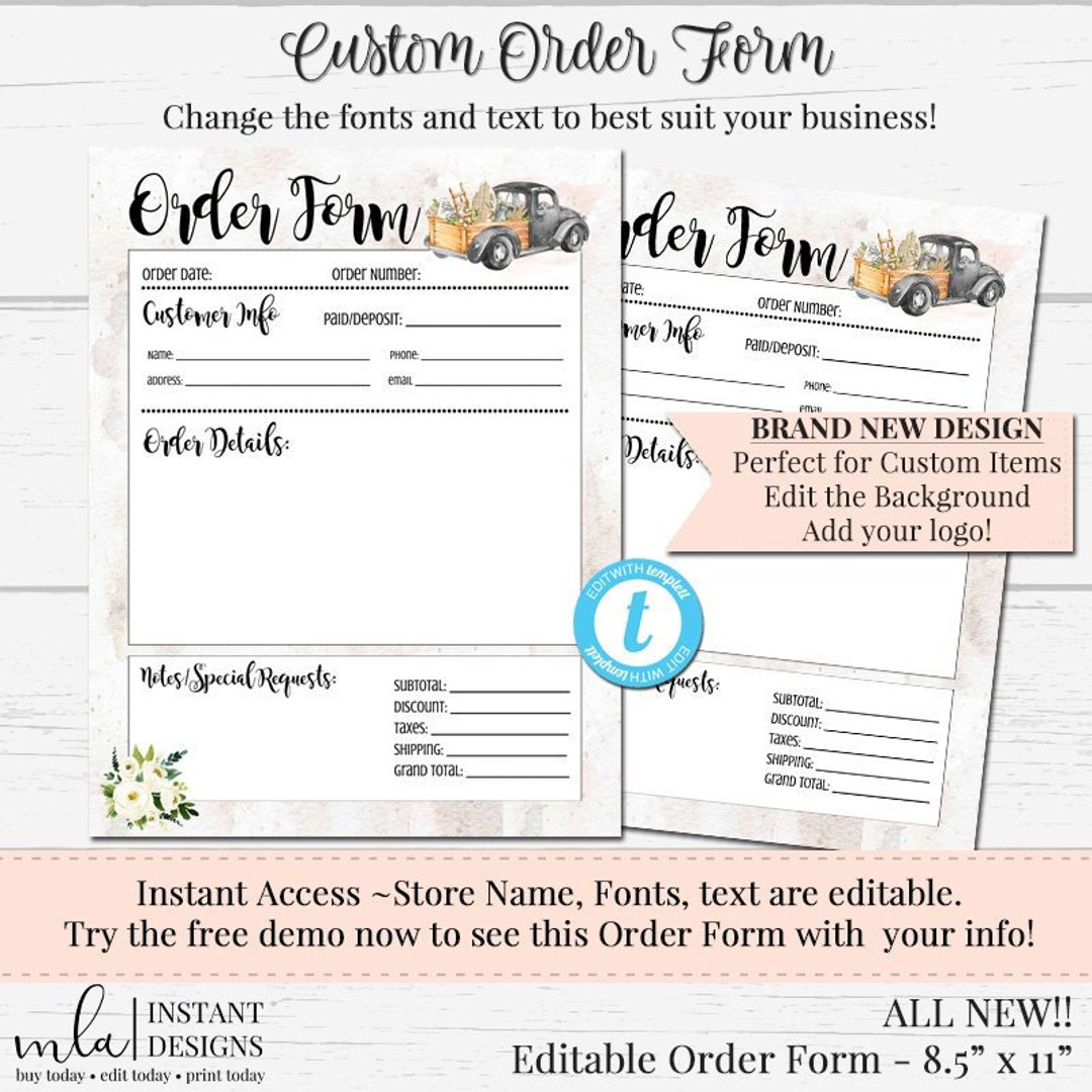 Custom Order Form, Editable Order Form, DIY Order Form, Full Page Order ...