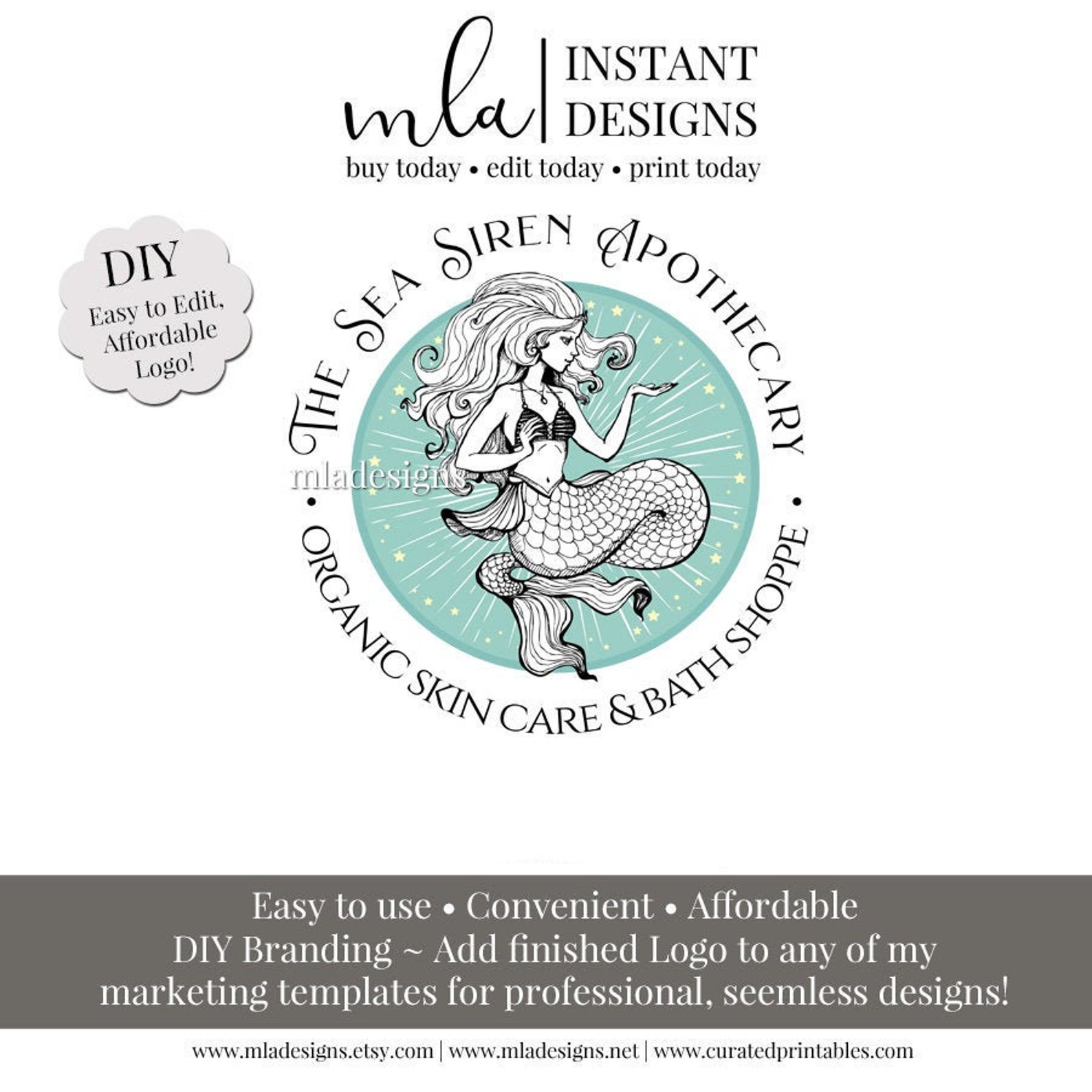 Mermaid Logo Template DIY Round Logo Mermaid Round Logo - Etsy