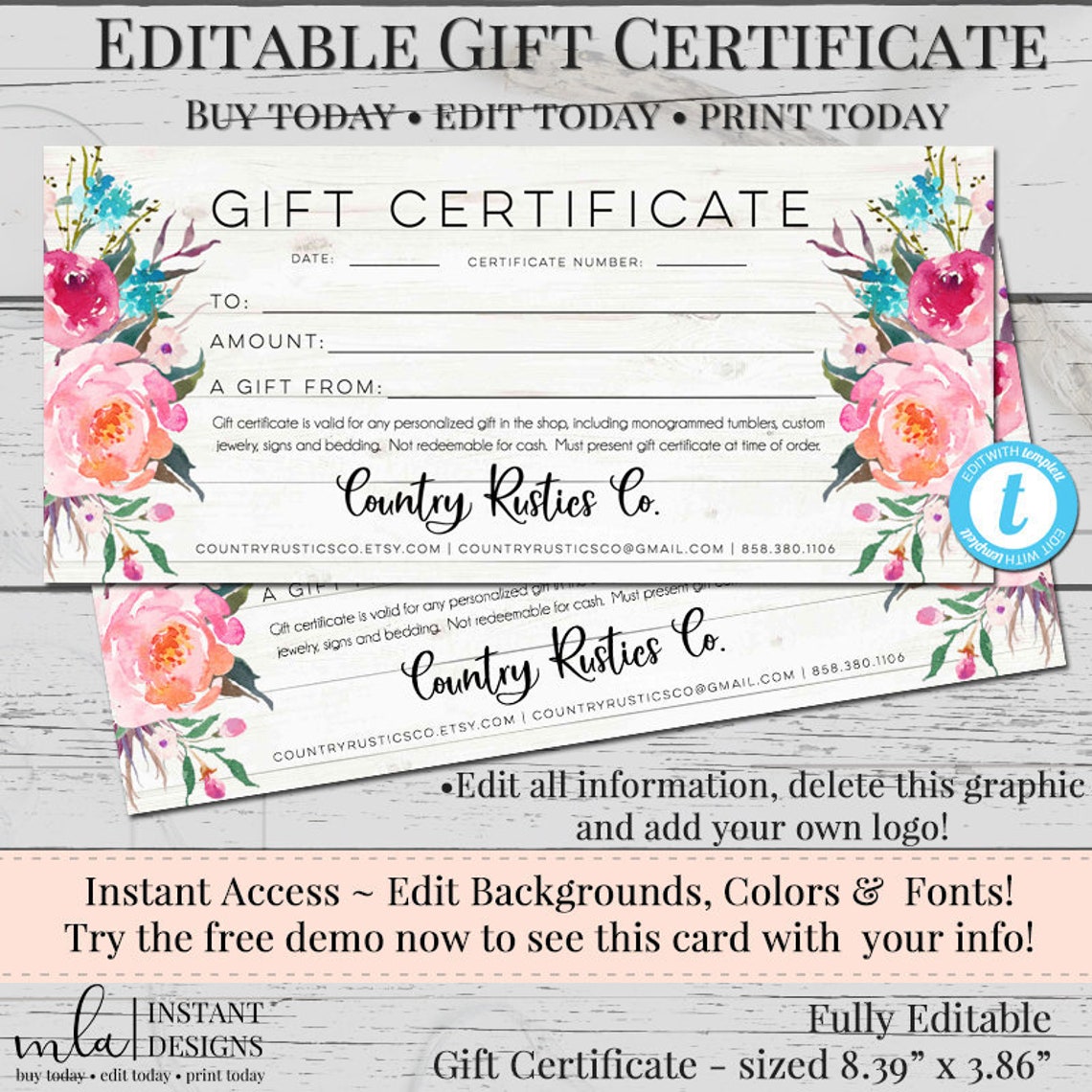 Editable Gift Certificate Template DIY Gift Certificate | Etsy