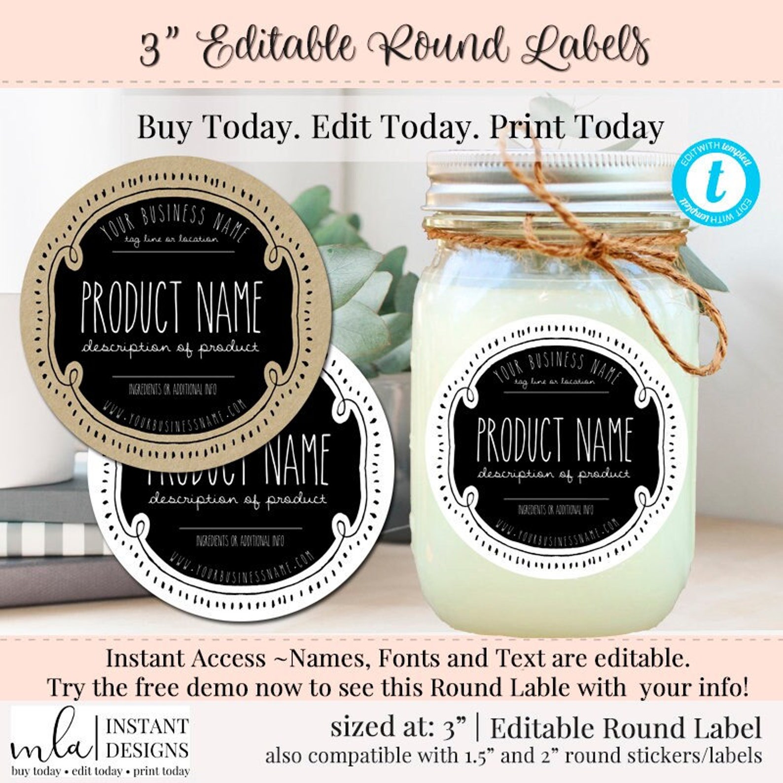 3 Inch Round Candle Labels Mason Jar Label Editable Labels - Etsy